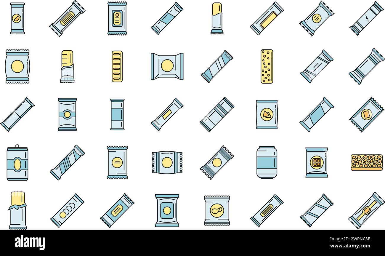 Snack bar icons set outline vector. Candy product. Snack bar food color ...