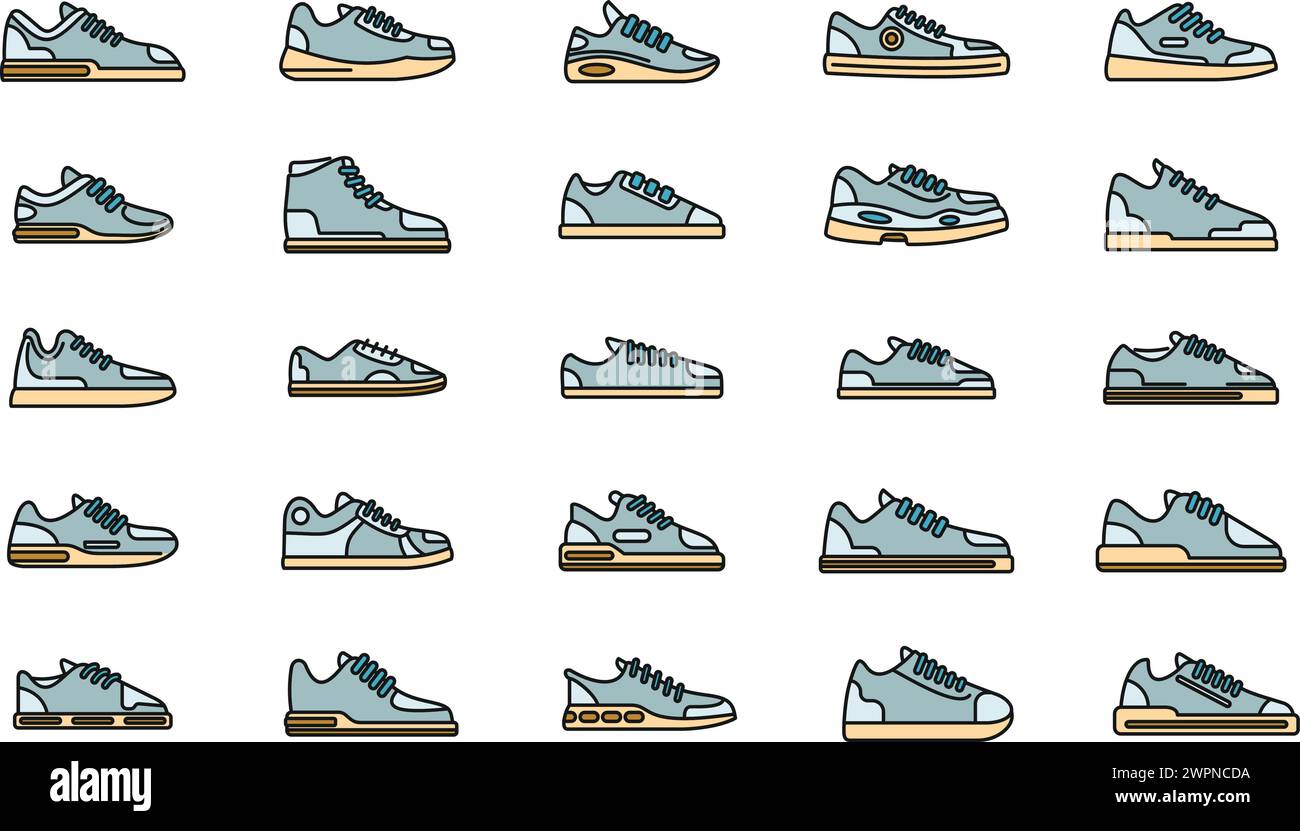 Sneakers icons set outline vector. Girl shoe. Fitness walk color line ...