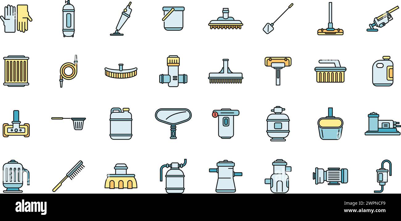 Pool cleaning icons set outline vector. Brush backet. Swimming care ...