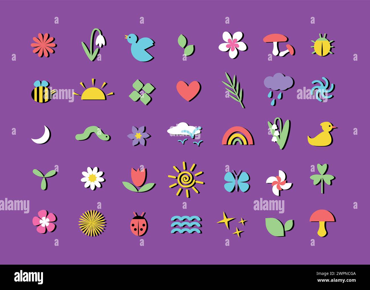Collection of springtime themed elements in neobrutalism style Stock ...