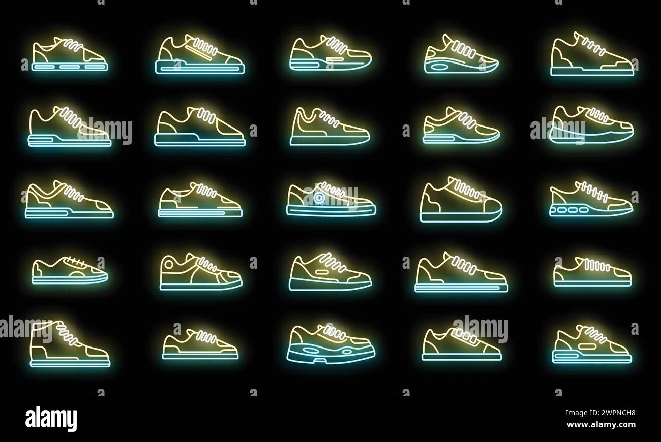 Sneakers icons set outline vector. Girl shoe. Fitness walk neon ...