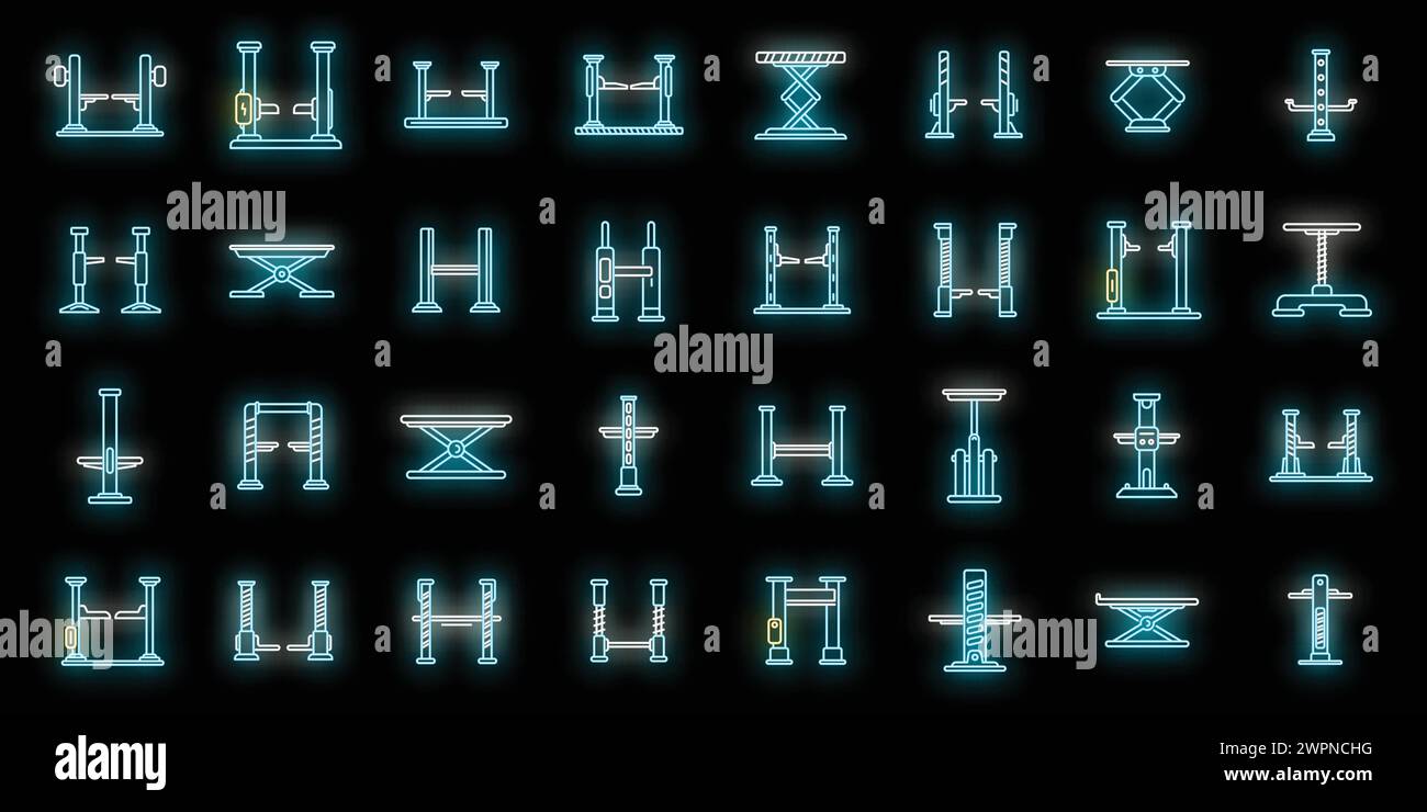 Car lift icons set outline vector. Auto garage. Station equipment neon ...