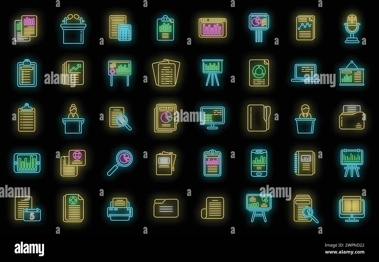Report Icons Set Outline Vector Performance Chart Data Document Neon