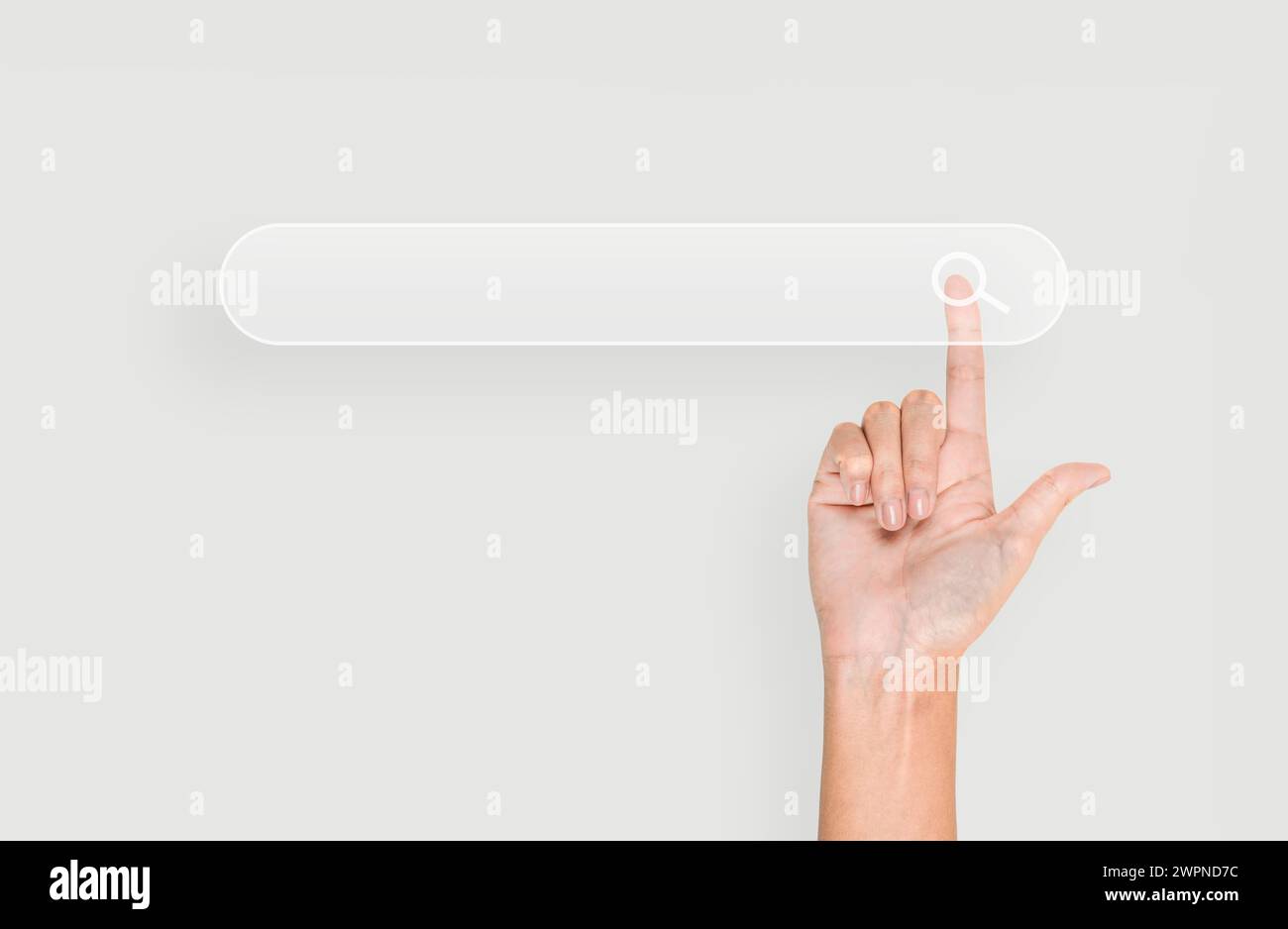 Finger presses the information search button on the button a virtual ...