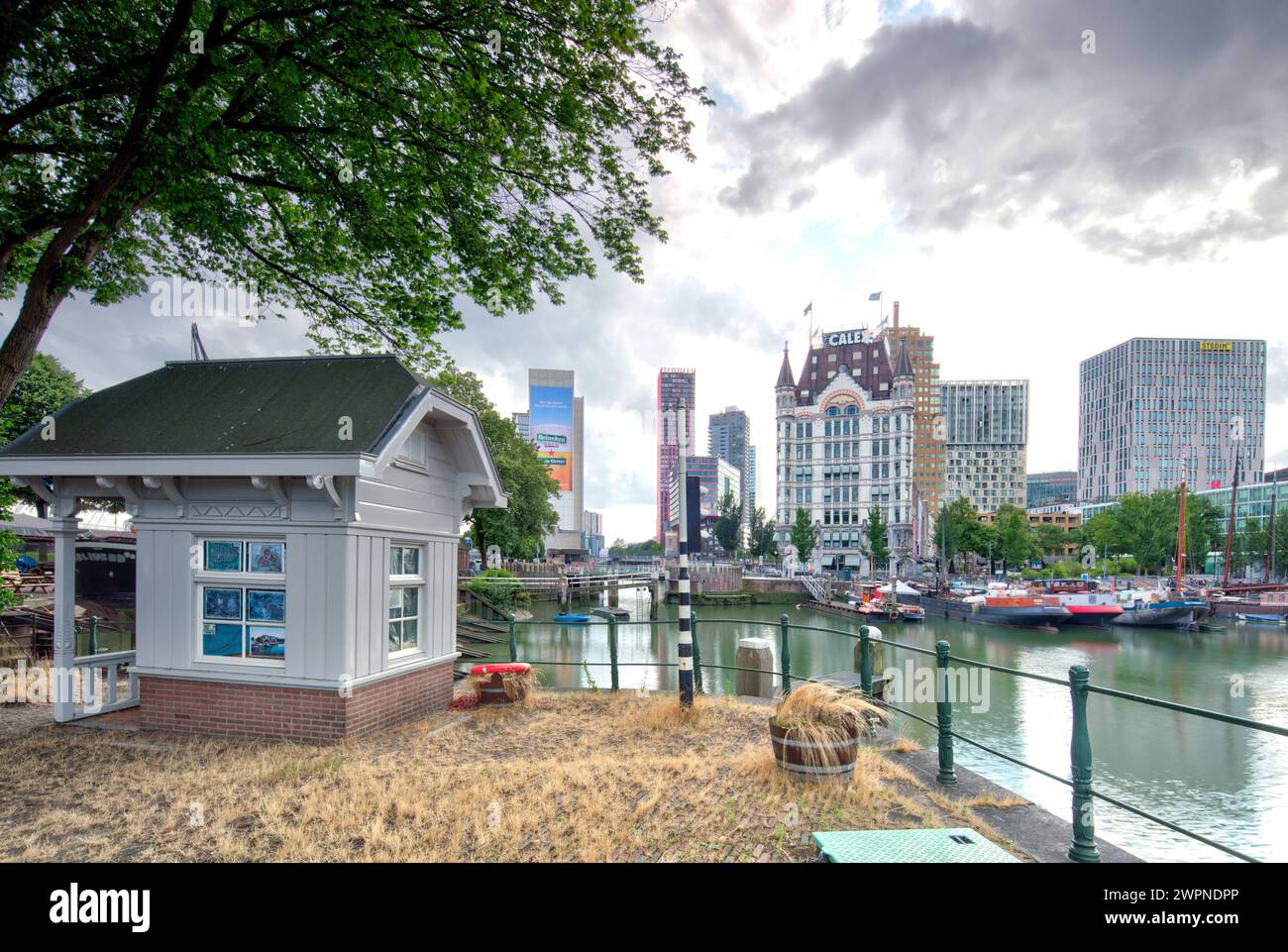 Old harbor, white house, skyscrapers, city district, house facade, city ...