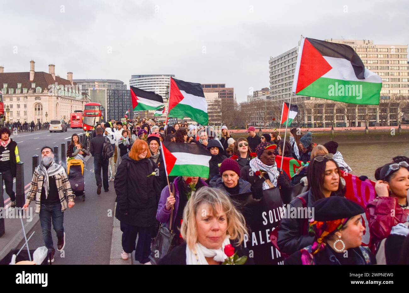 London, England, UK. 8th Mar, 2024. Pro-Palestine protesters march on ...