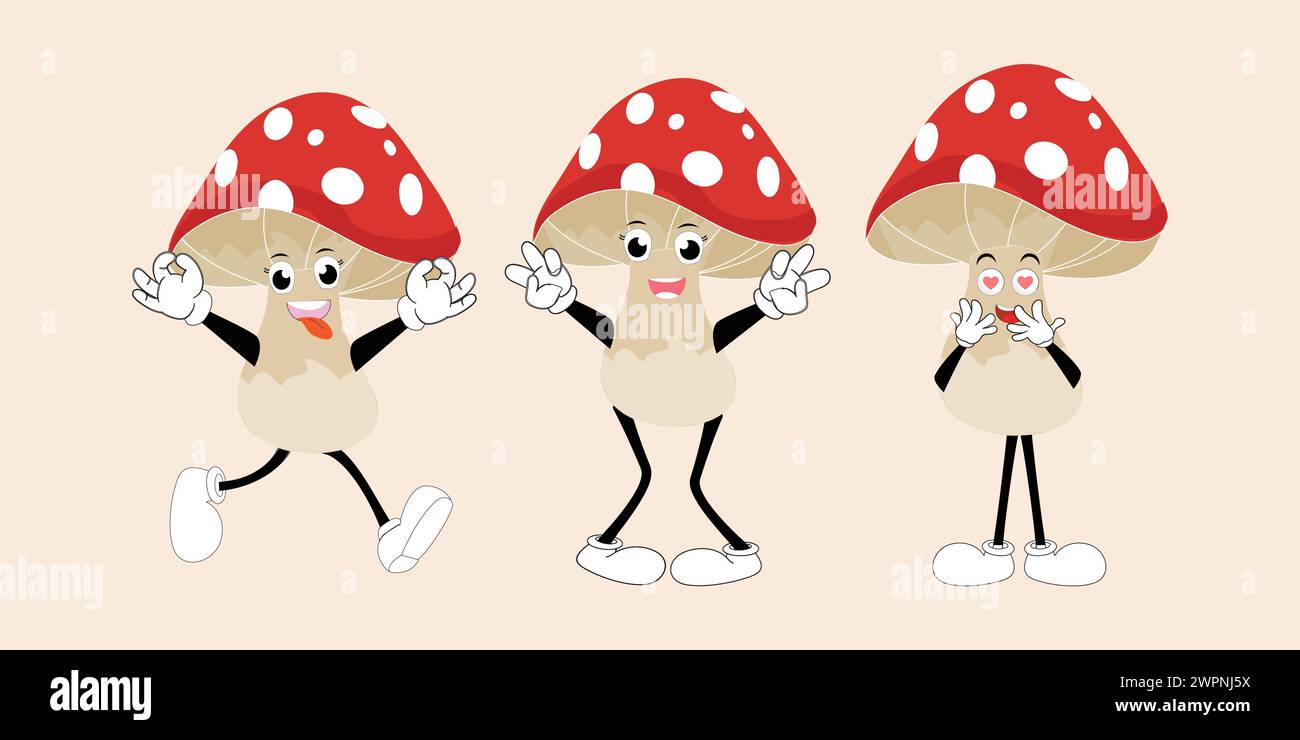 Mushroom character design different expression in vintage style, Kawaii ...