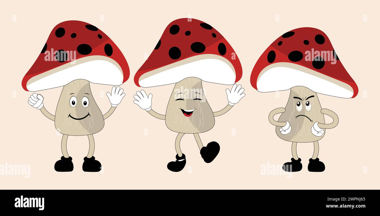 Mushroom character design different expression in vintage style, Kawaii ...