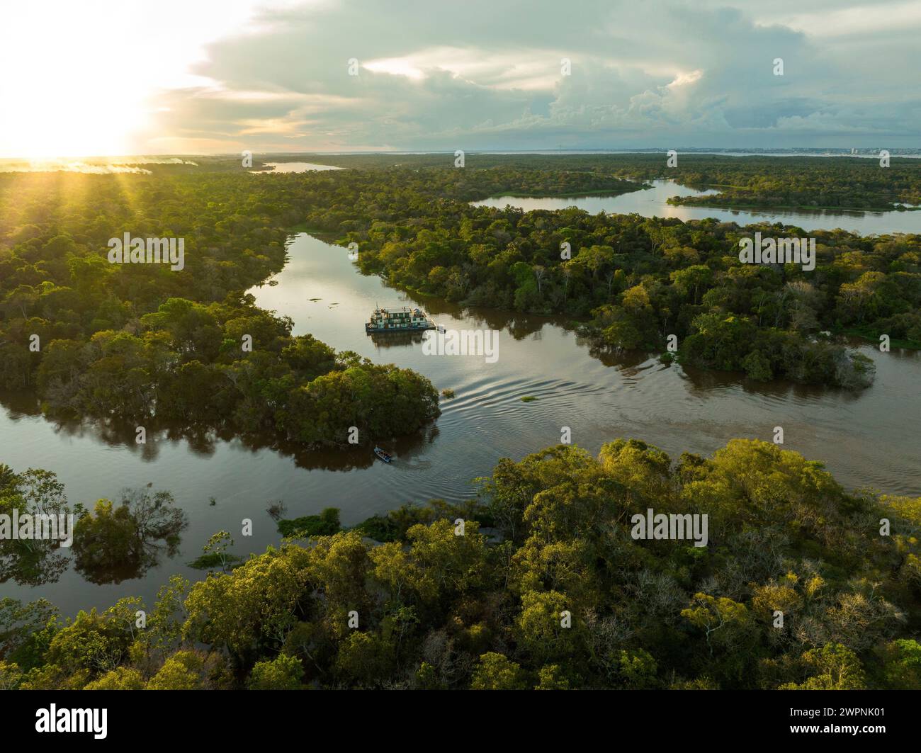 Amazon in the Brazilian rainforest with small boutique ship Stock Photo ...