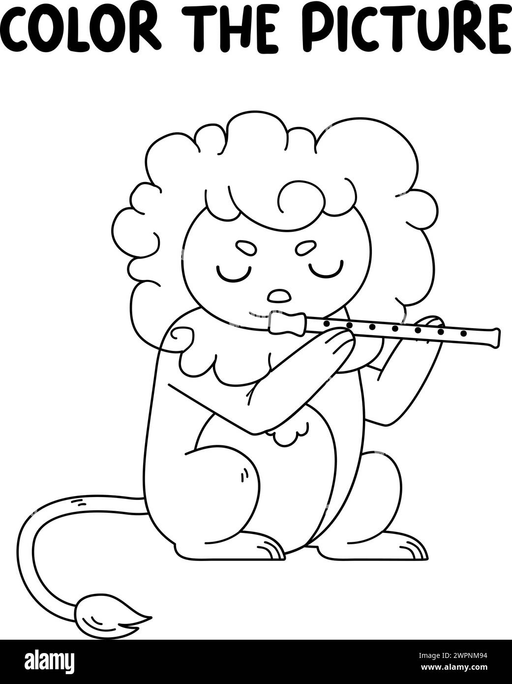 Kids coloring book page. Lion playing on flute isolated on white ...