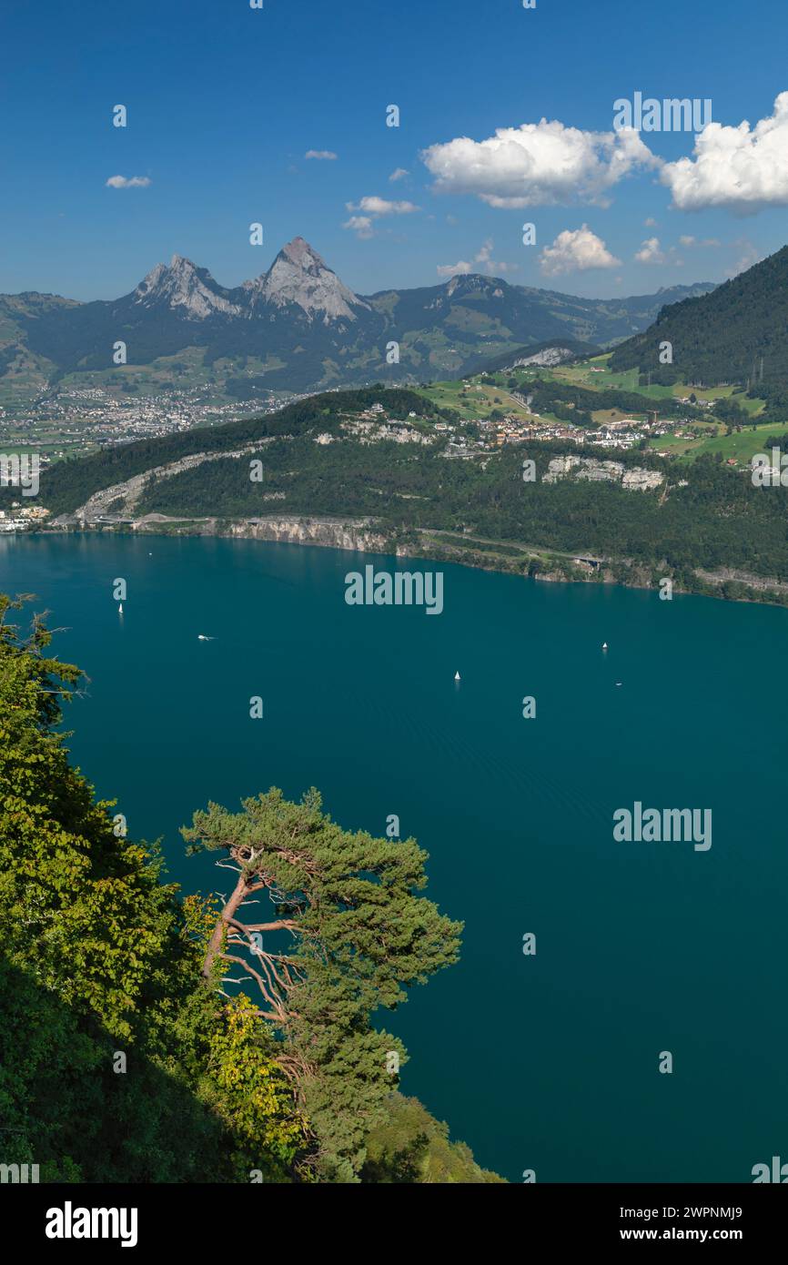View from Seelisberg over Lake Lucerne Brunnen and the two Mythen ...