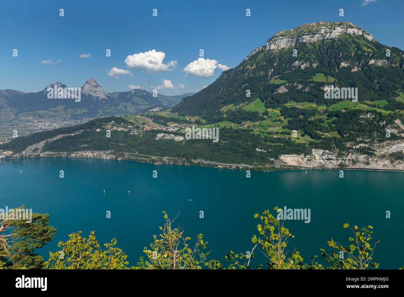 Lake Lucerne with Fronalpstack, Brunnen and the two Mythen mountains ...