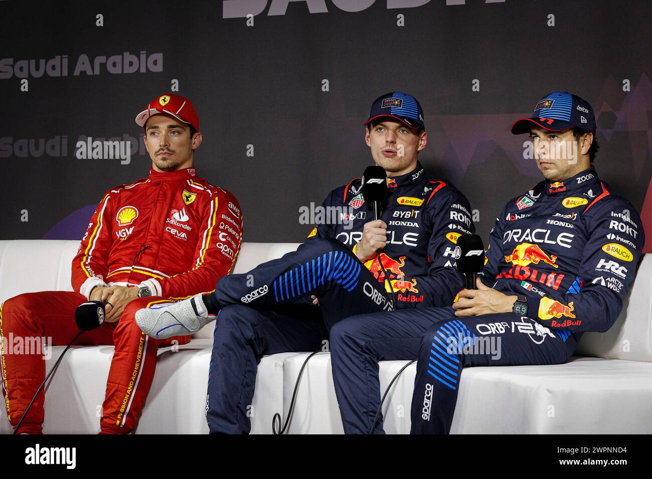 Jeddah, Arabie Saoudite. 08th Mar, 2024. VERSTAPPEN Max (ned), Red Bull Racing RB20, LECLERC ...