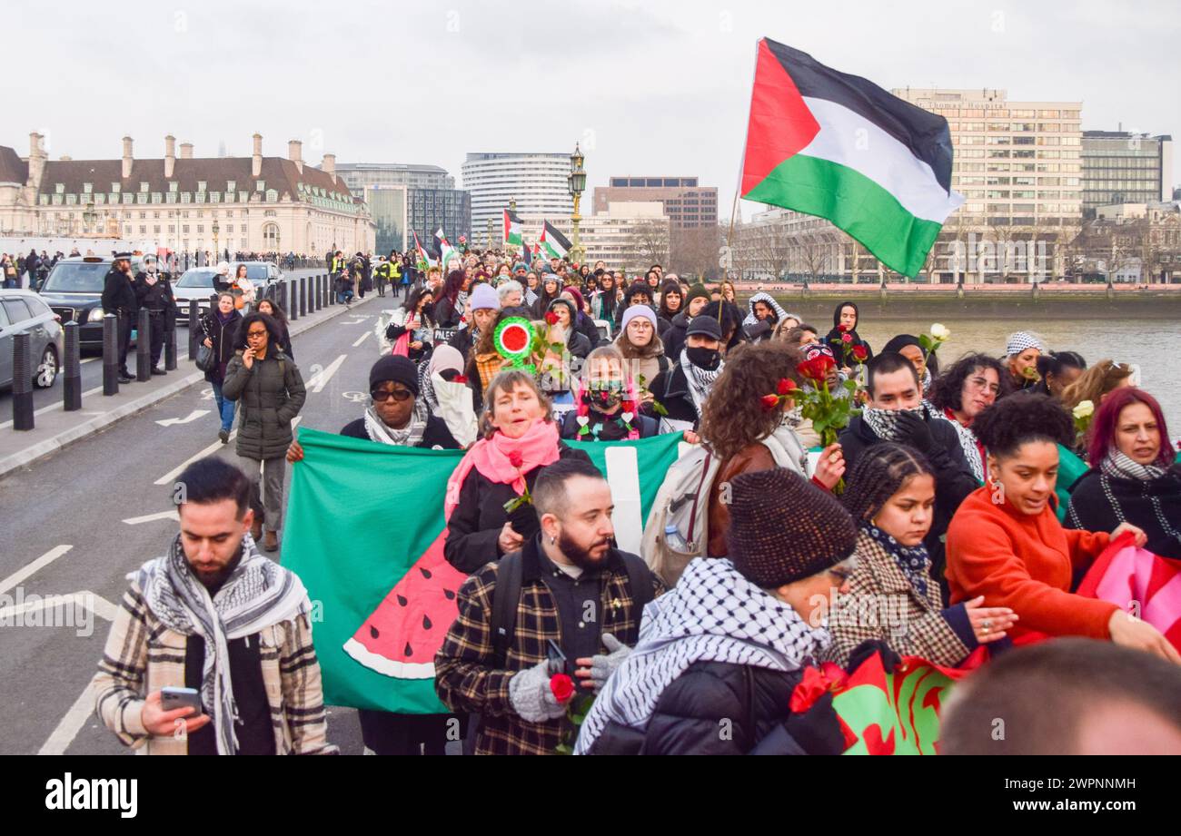 London, UK. 8th March 2024. Pro-Palestine protesters march on ...