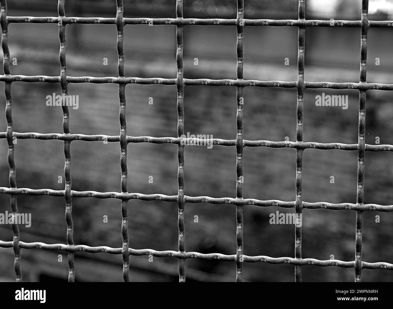 Iron bars separate the prison from the wall in the background with very ...