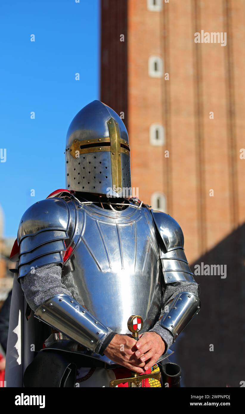 medieval knight in helmet and armor during a historical reenactment of ...
