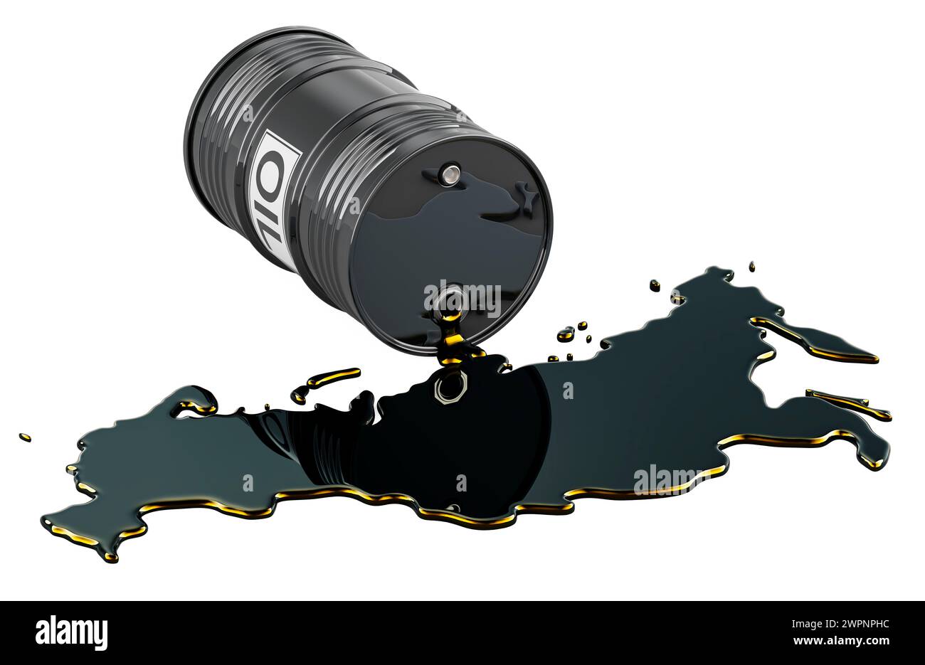 Oil production in Russia concept. Crude oil spilled in the shape of ...
