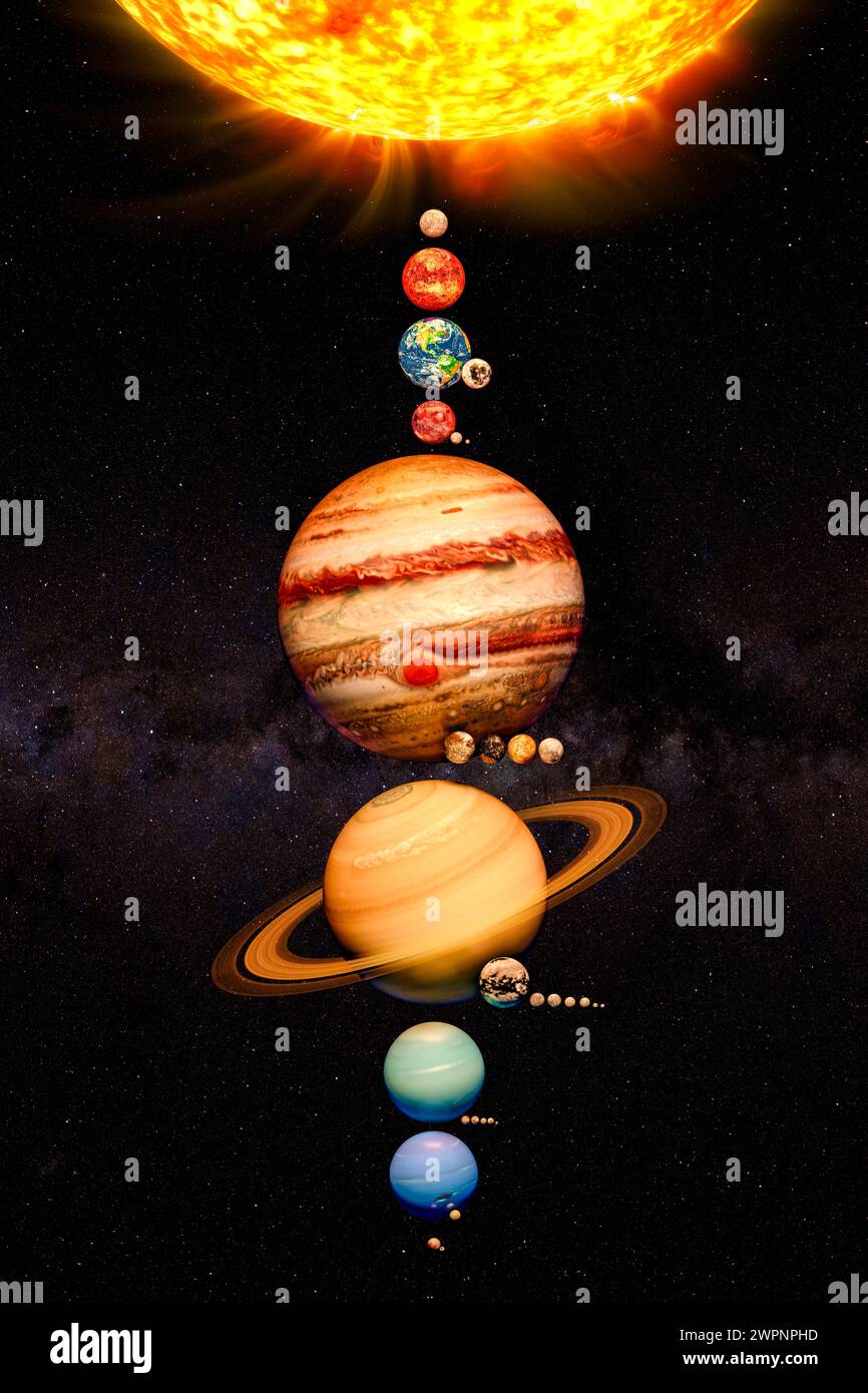 Planets of the solar system with satellites view in spase, vertical ...