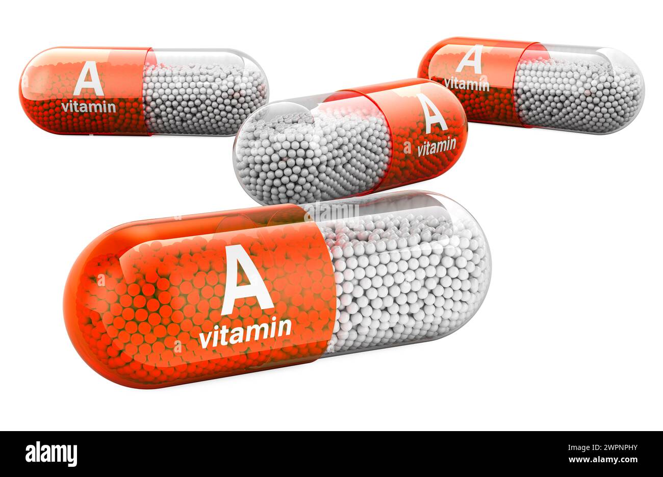 Vitamin A capsules, retinol. 3D rendering isolated on white background ...