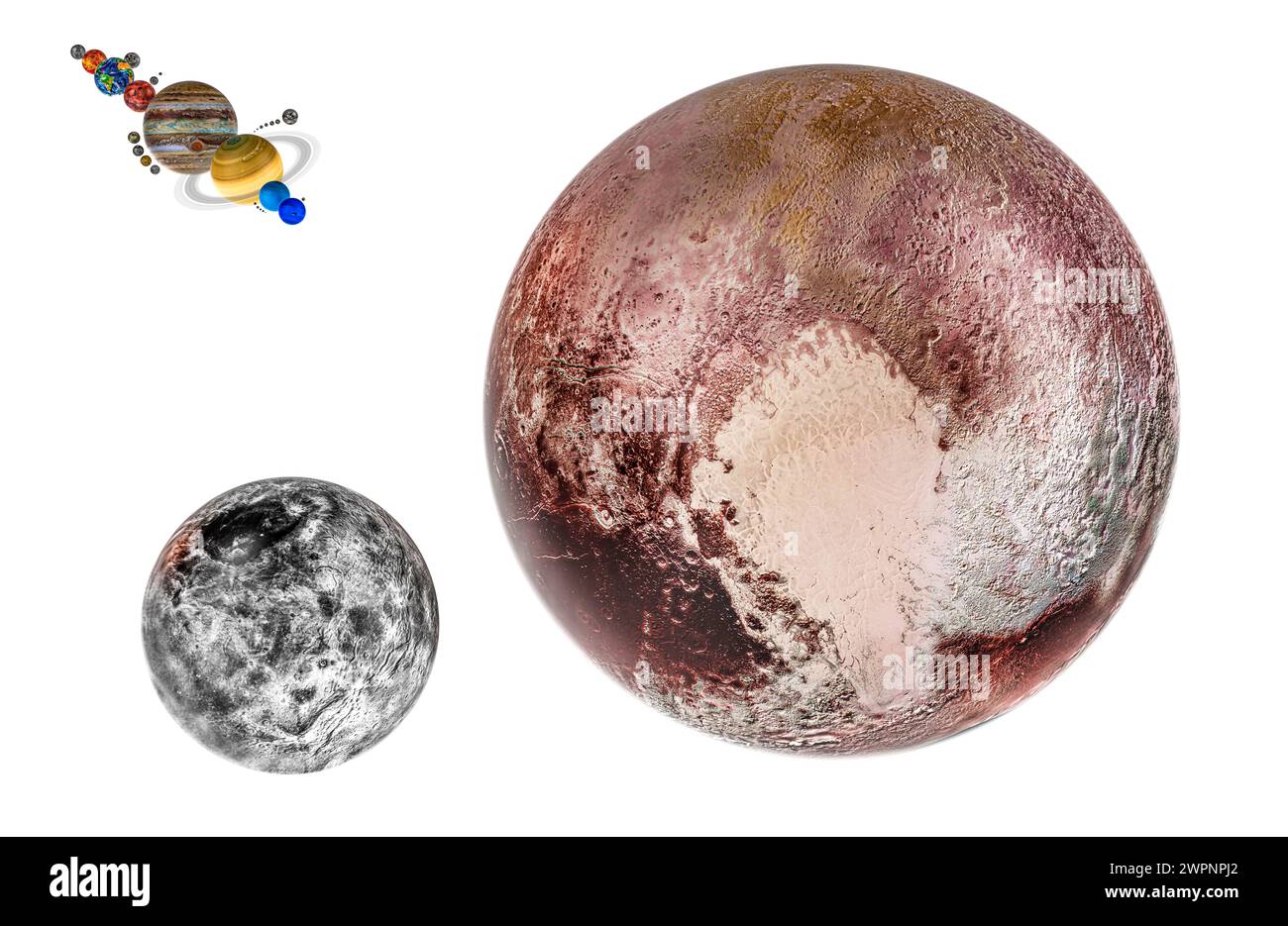 Pluto with satellite Charon moon, 3D rendering isolated on white ...