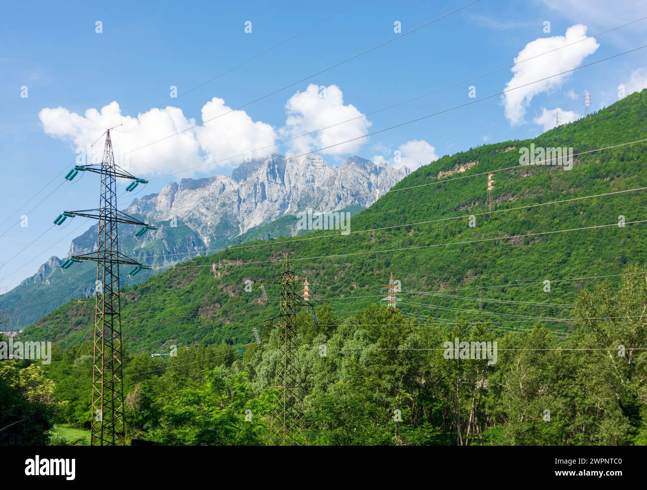 High voltage pylons in the whole valcamonica valley in brescia hi-res ...