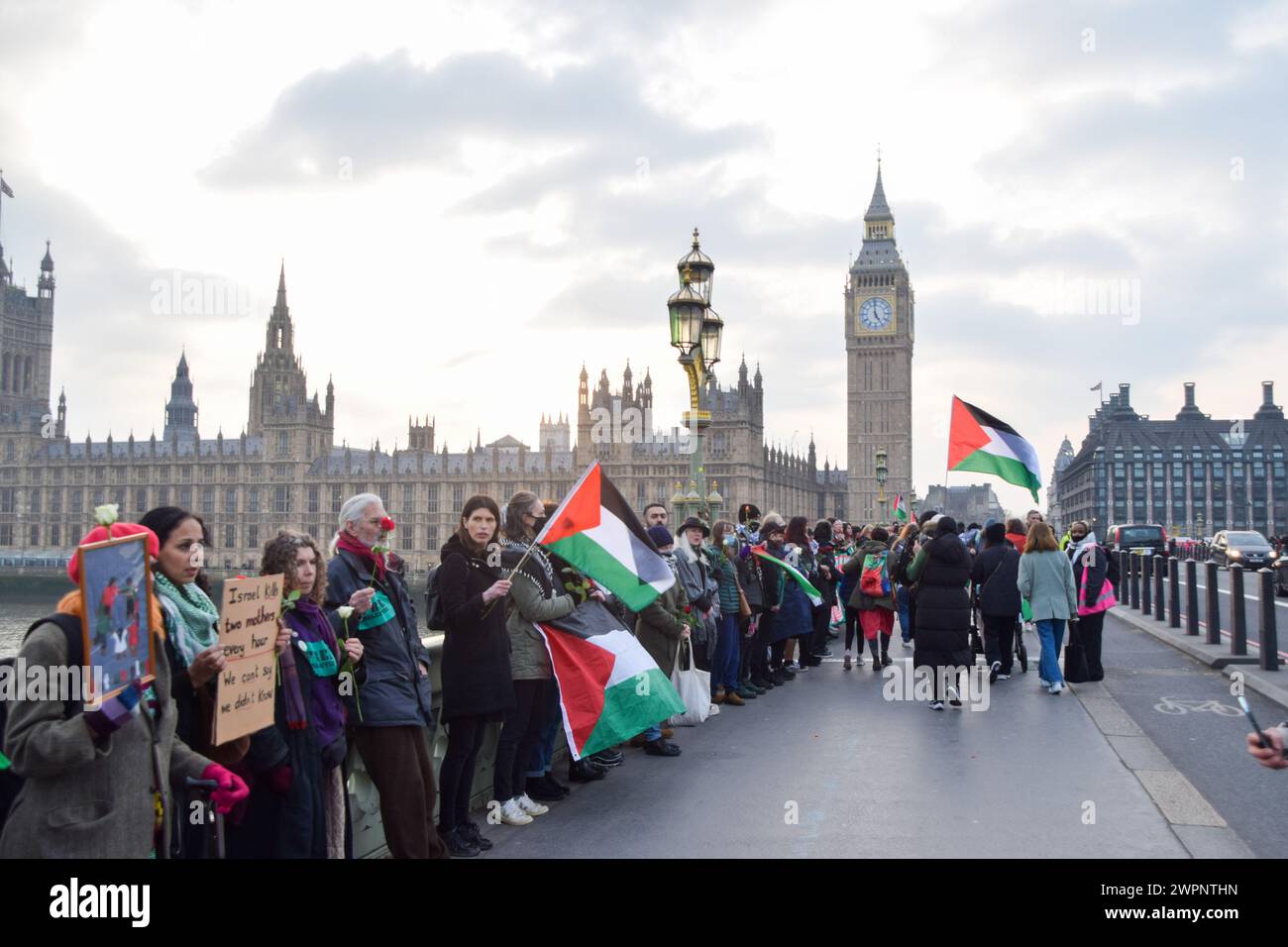 London, England, UK. 8th Mar, 2024. Pro-Palestine protesters form a ...