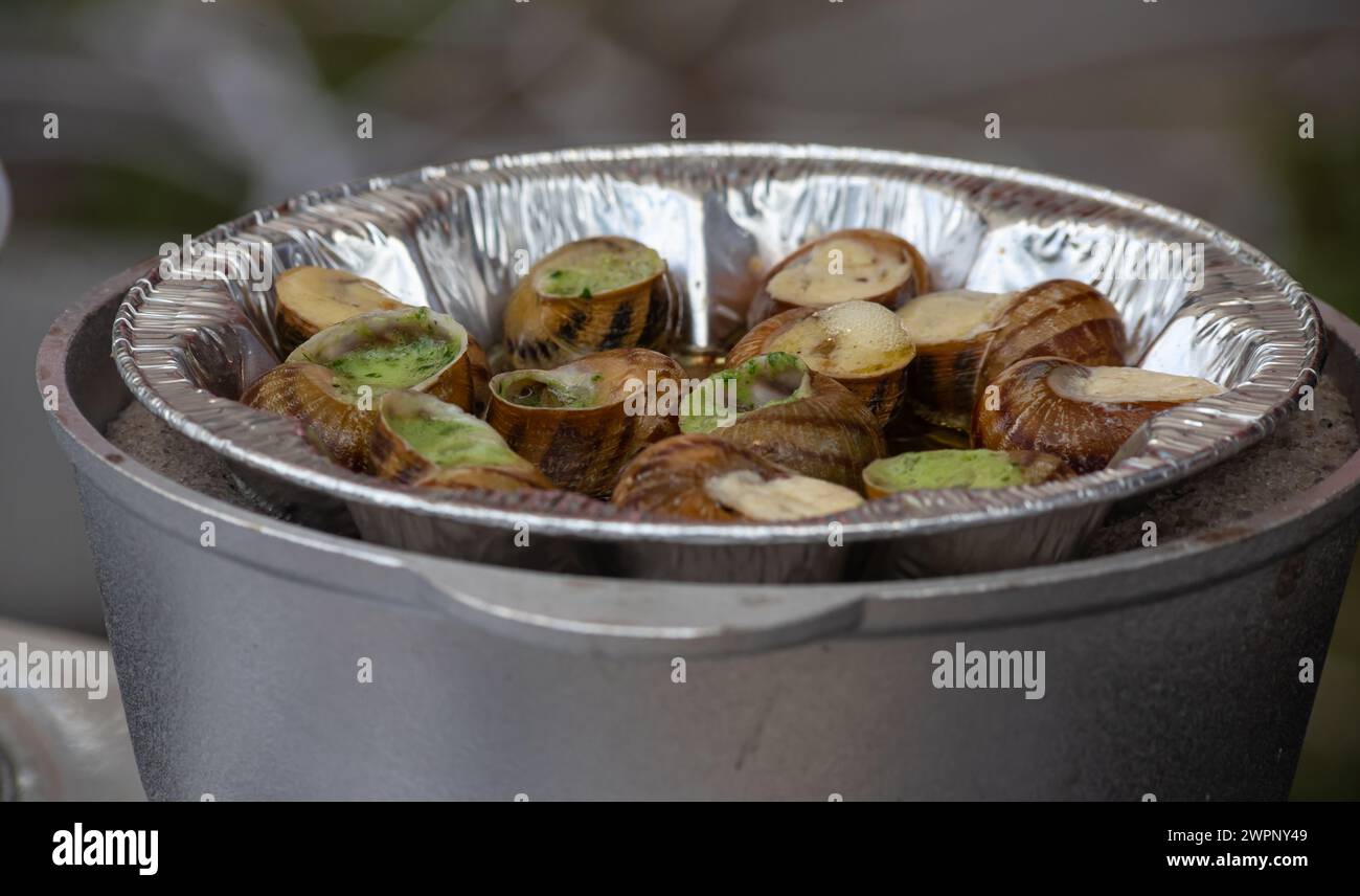 Delicious edible snail with chillies sauce traditional street food ...