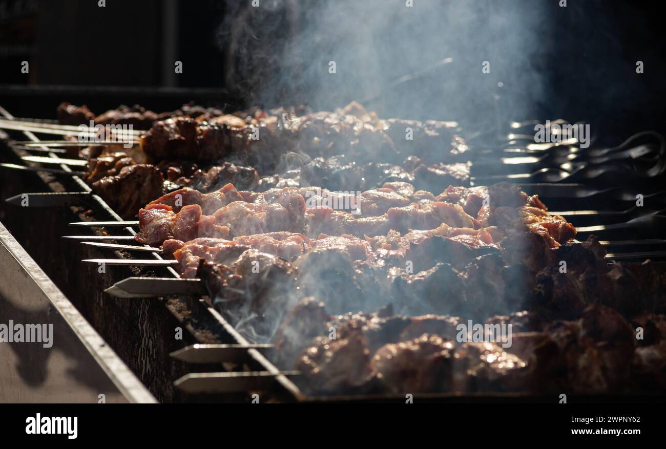 Marinated shashlik preparing on a barbecue grill over charcoal ...