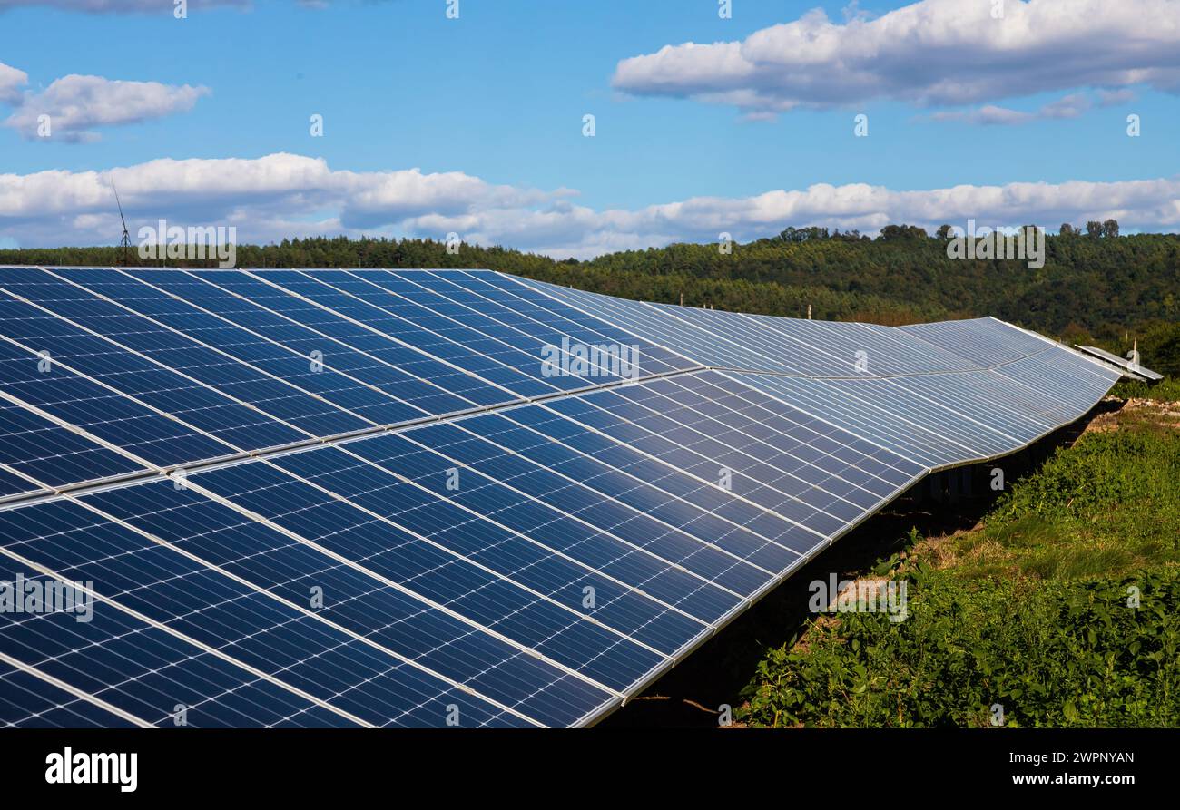 solar panels with the sunny sky. Blue solar panels. background of ...