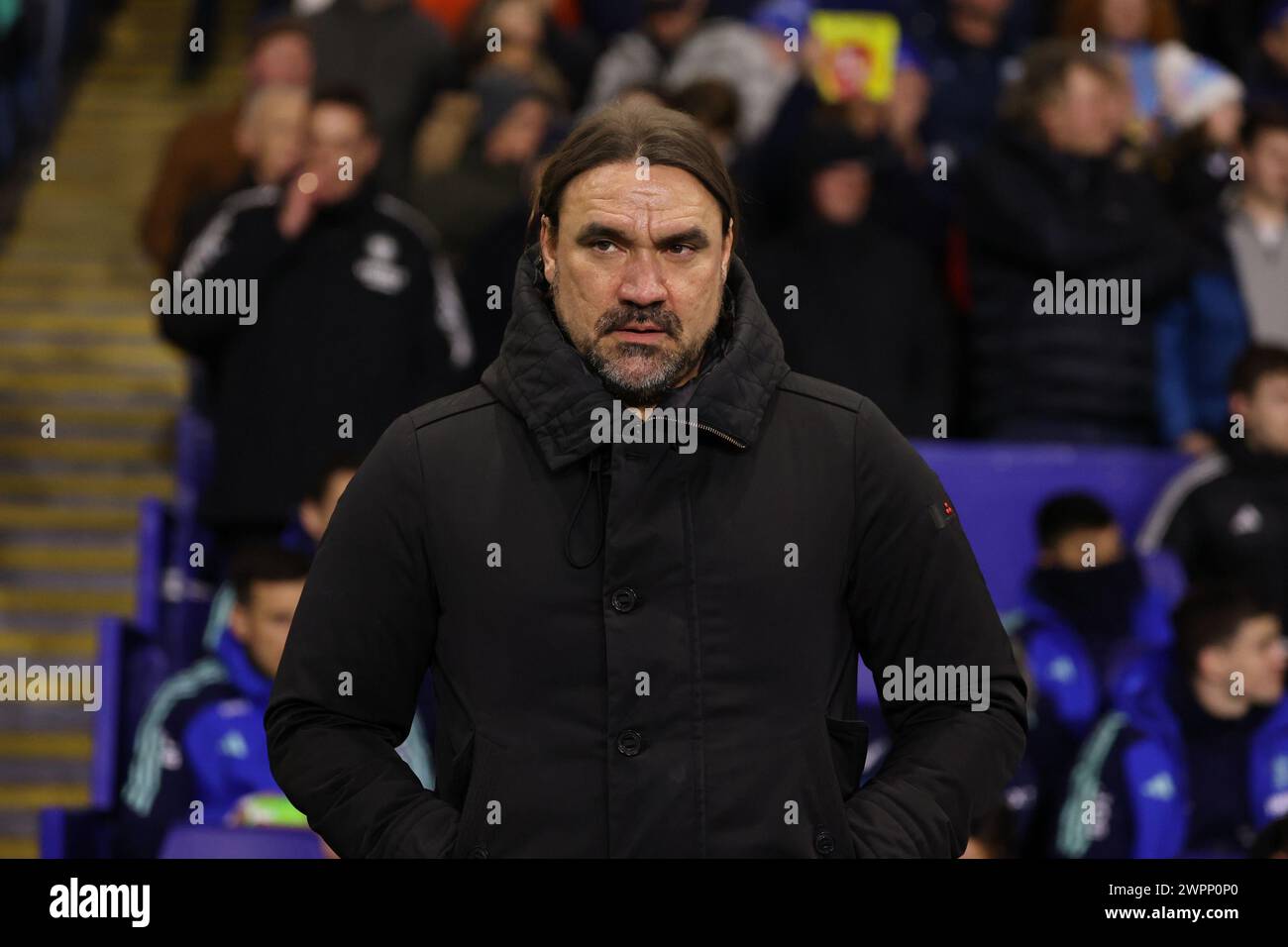 Daniel Farke, Leeds United manager, takes his place in the dugout ...