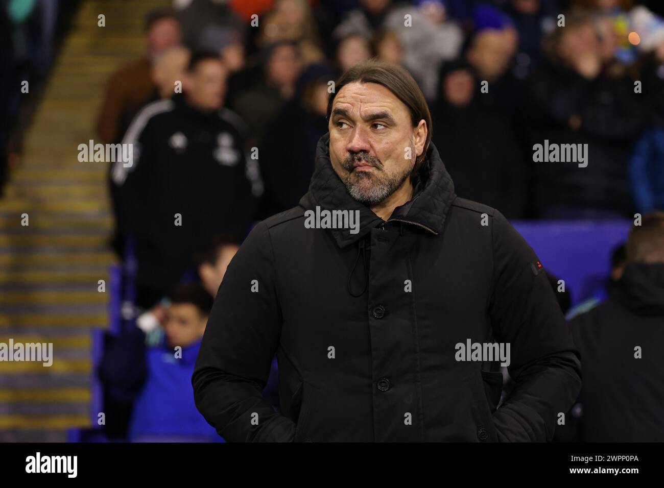 Daniel Farke, Leeds United manager, takes his place in the dugout ...