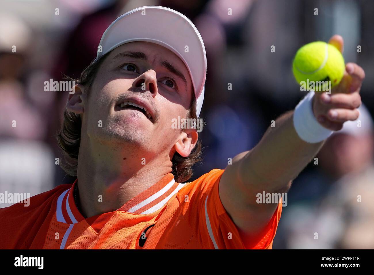 Alex de Minaur, of Australia, serves against Taro Daniel, of Japan, at the BNP Paribas Open ...