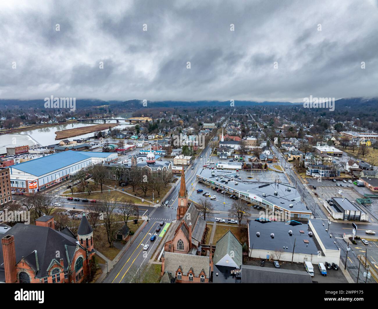 Elmira Ny Usa 03 02 2024 Cloudy Winter Aerial Image Of The Downtown Area In The City Of