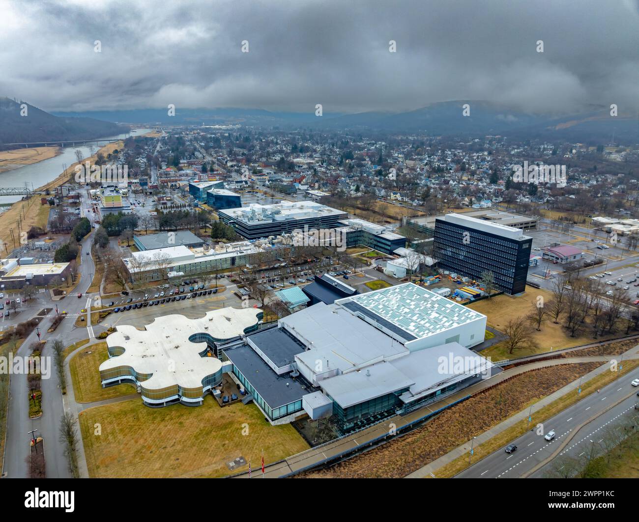 Corning, NY, USA - 03-02-2024 - Cloudy winter aerial image of the ...