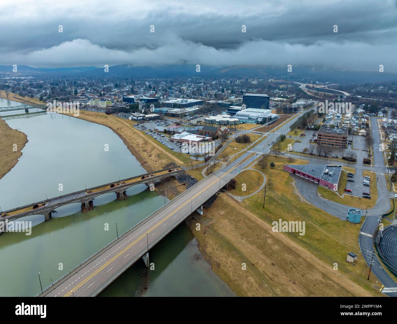 Corning, NY, USA - 03-02-2024 - Cloudy winter aerial image of the ...