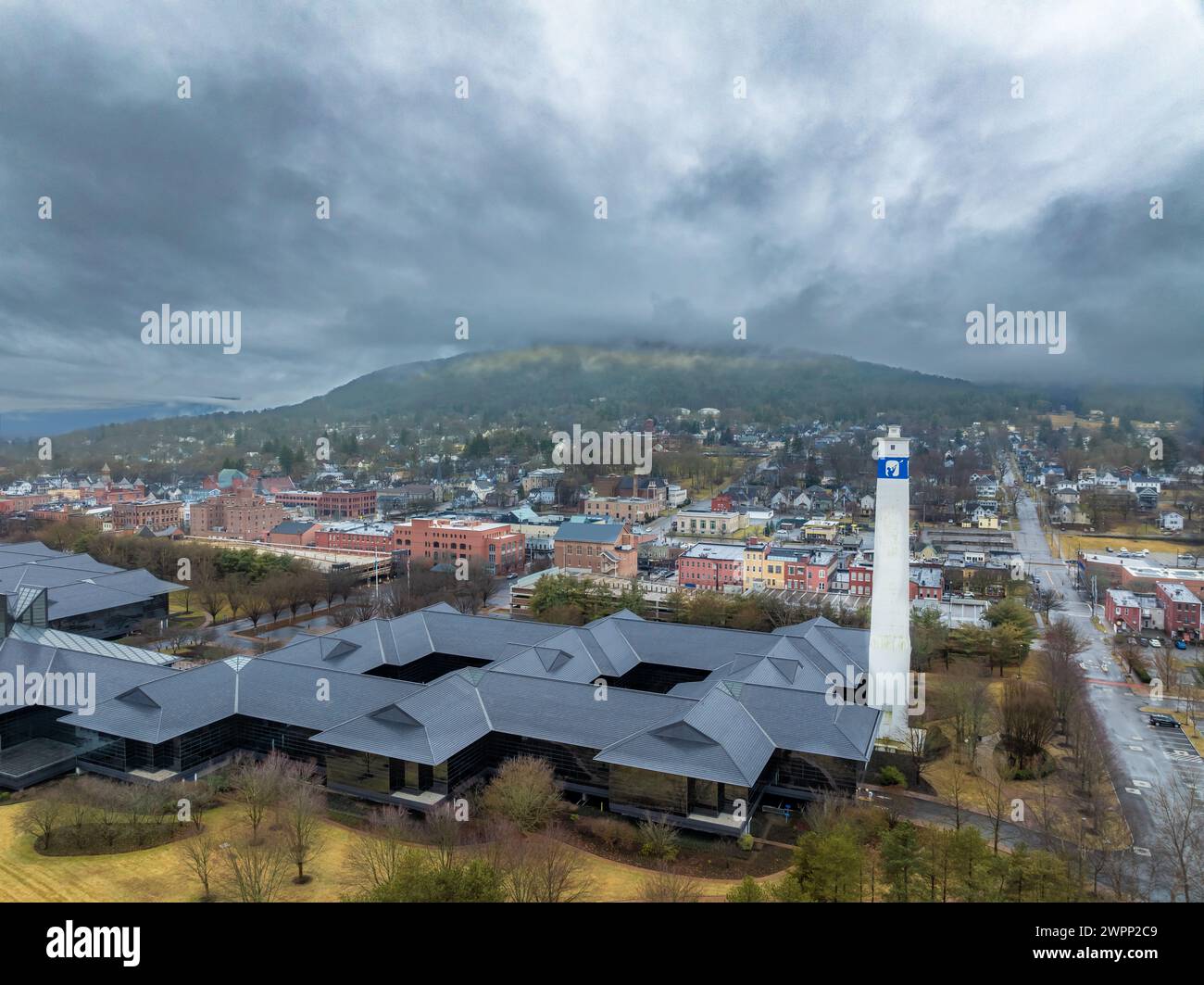 Corning, NY, USA - 03-02-2024 - Cloudy winter aerial image of the ...
