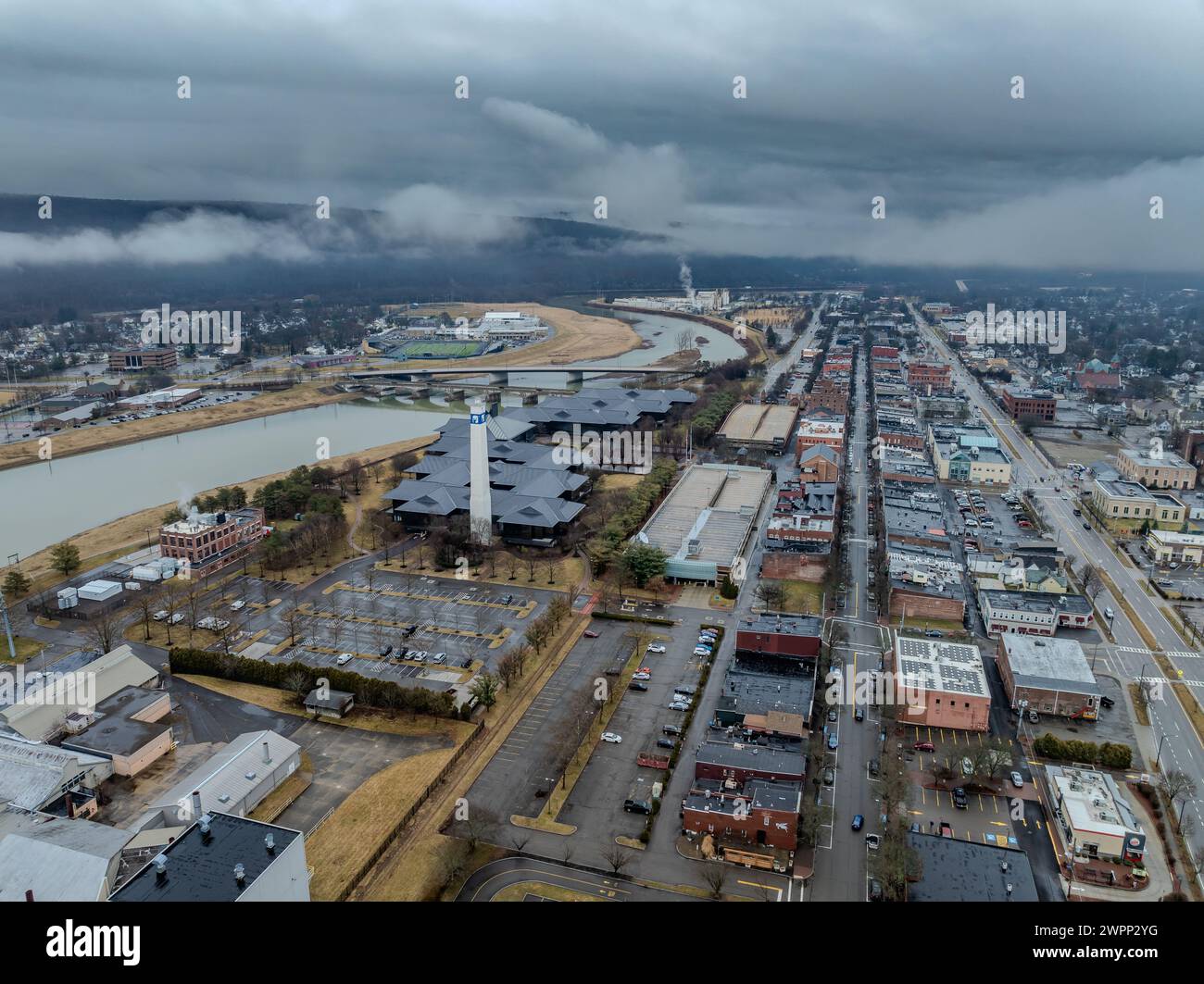 Corning, NY, USA - 03-02-2024 - Cloudy winter aerial image of the ...