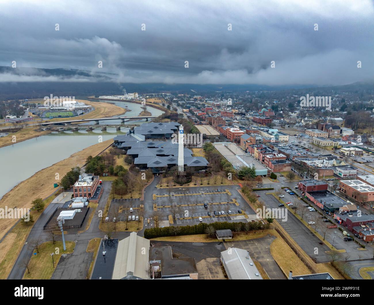 Corning, NY, USA - 03-02-2024 - Cloudy winter aerial image of the ...