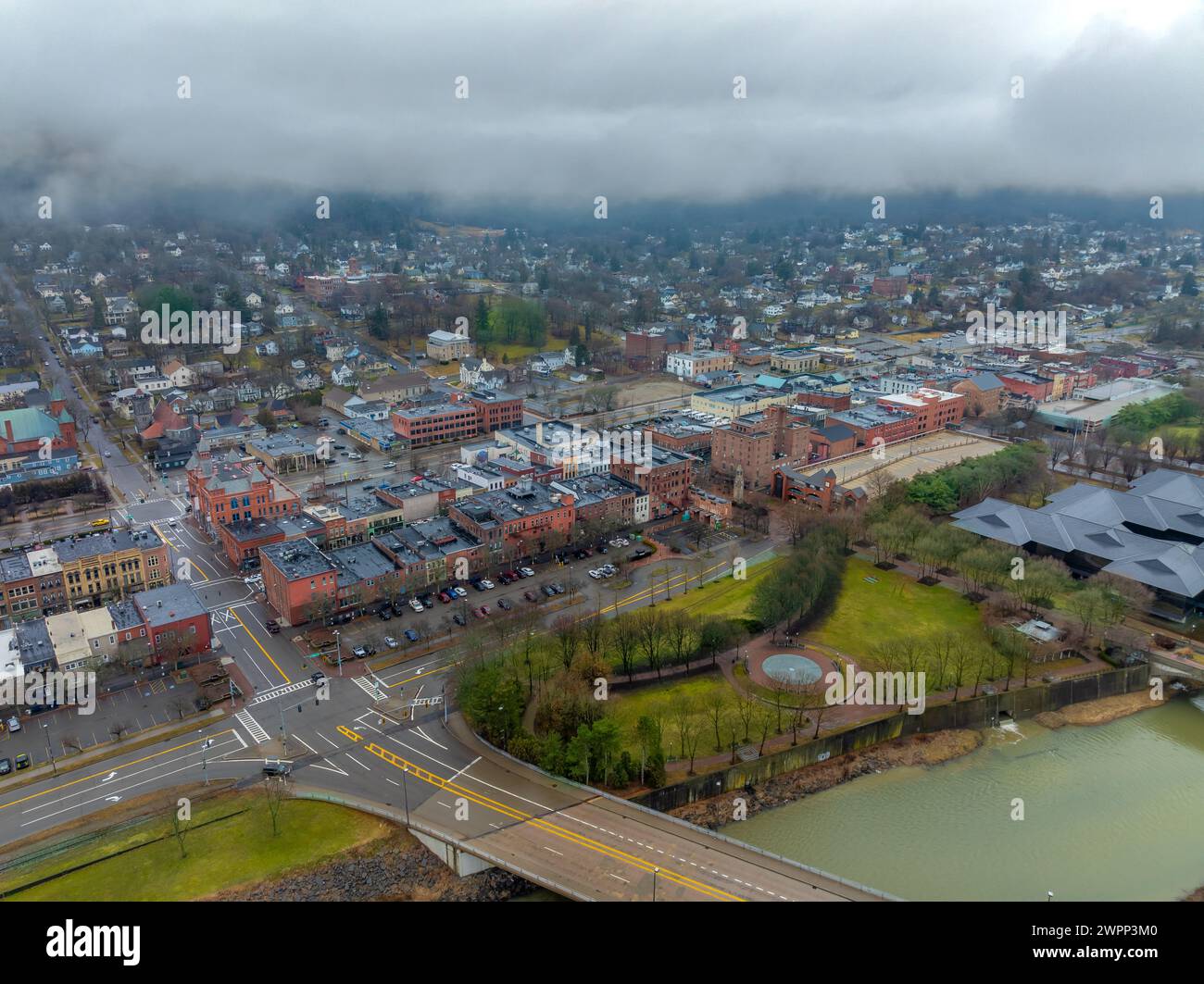 Corning, NY, USA - 03-02-2024 - Cloudy winter aerial image of the ...