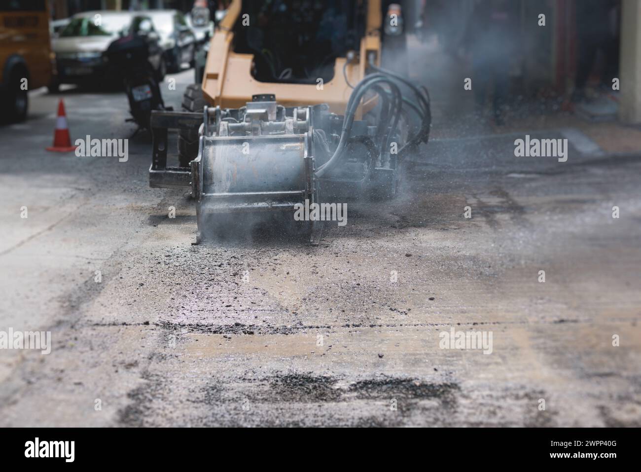 Process of asphalting, blacktopping and paving, asphalt paver machine ...