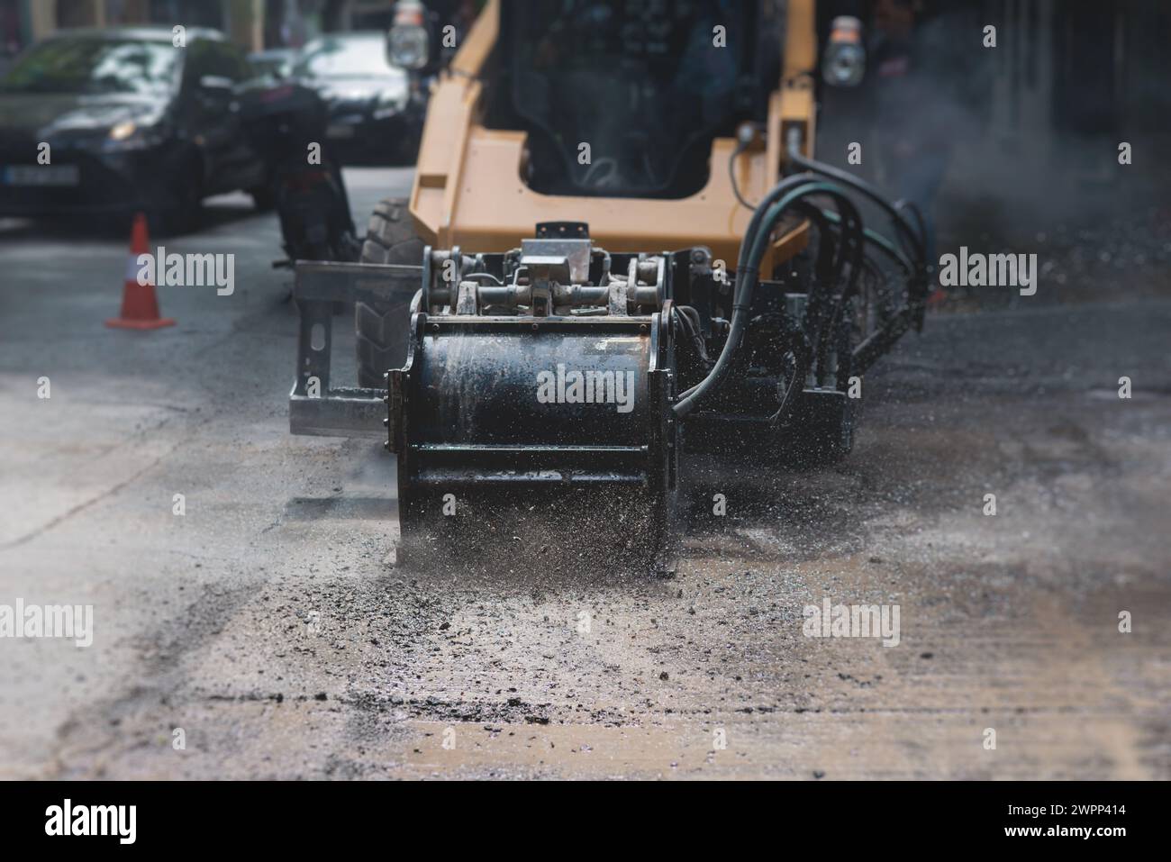 Process of asphalting, blacktopping and paving, asphalt paver machine ...