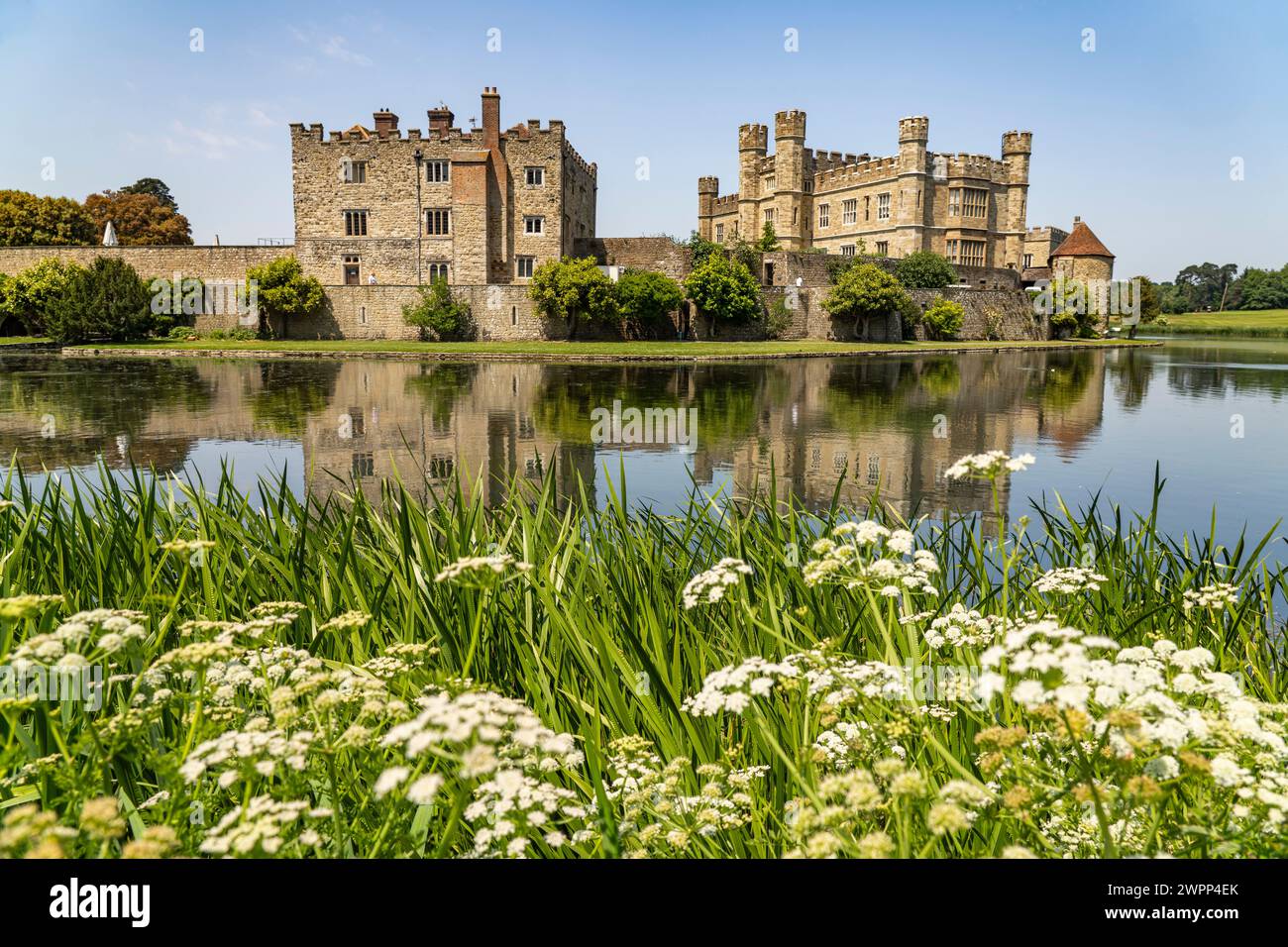 The moated castle of Leeds Castle near Maidstone, Kent, England, Great ...