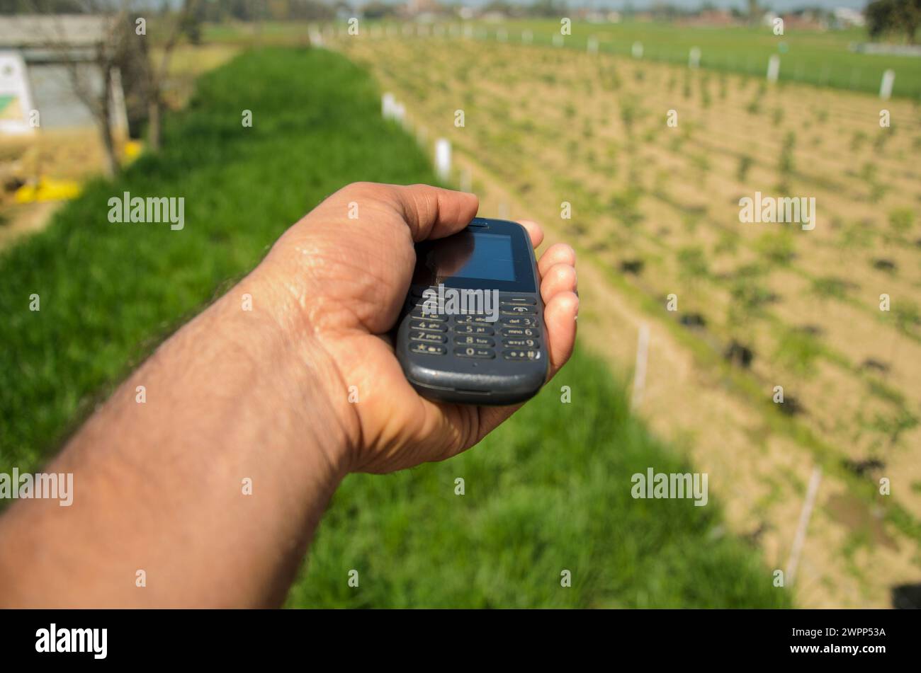 The old keypad phone holding up in hand Stock Photo - Alamy
