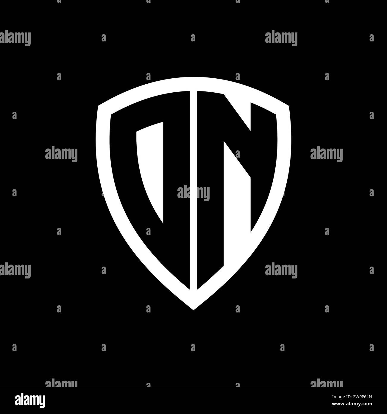 DN monogram logo with bold letters shield shape with black and white ...