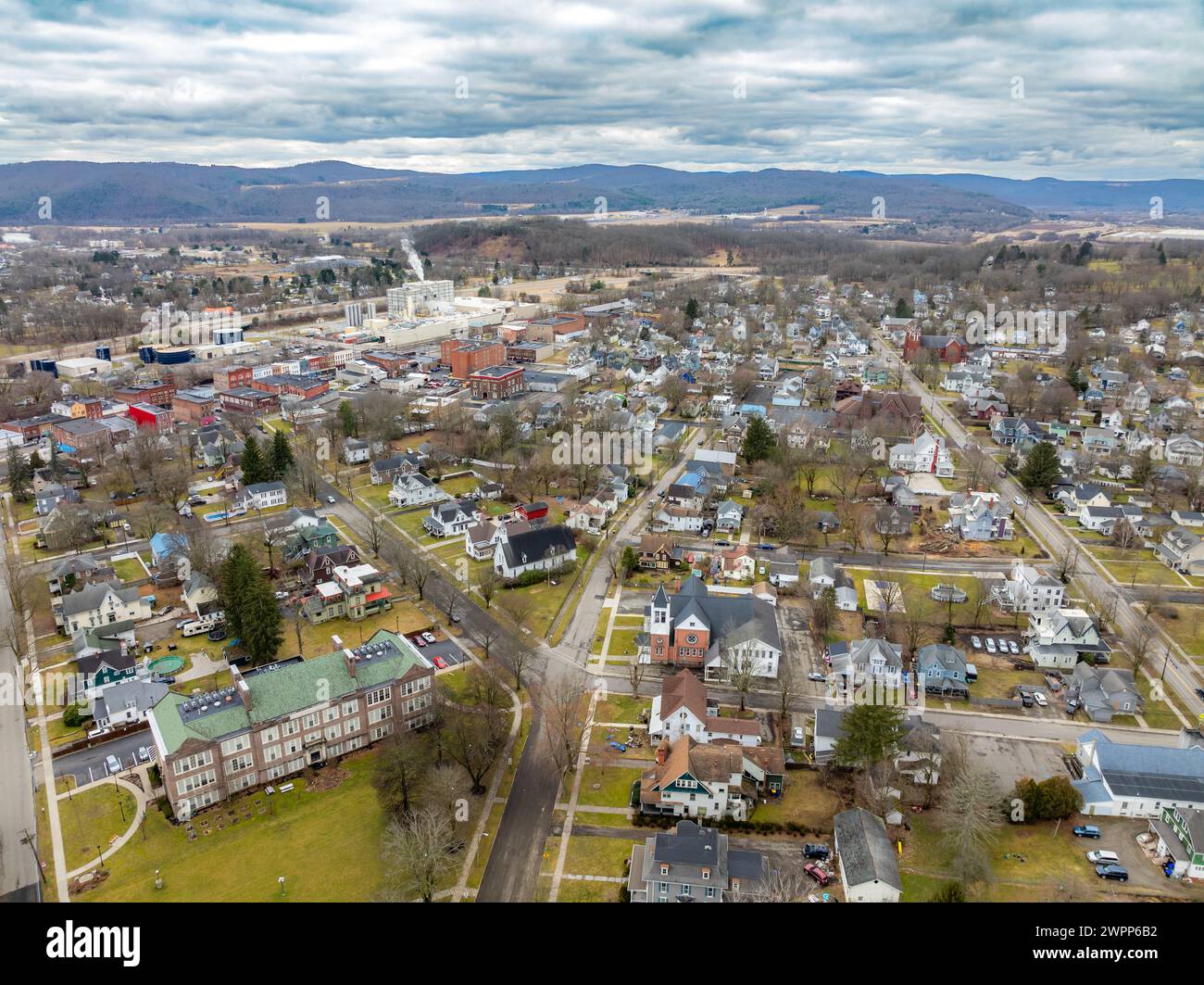 Waverly, NY, USA - 03-03-2024 - Cloudy winter aerial image of the ...