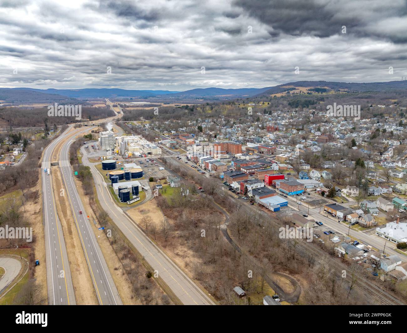 Waverly, NY, USA - 03-03-2024 - Cloudy winter aerial image of the ...