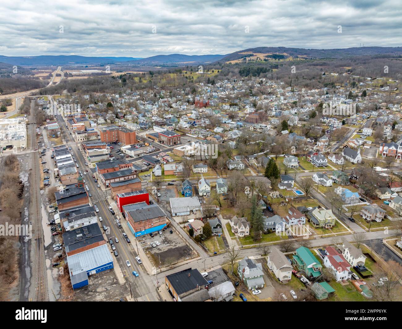 Waverly, NY, USA - 03-03-2024 - Cloudy winter aerial image of the ...