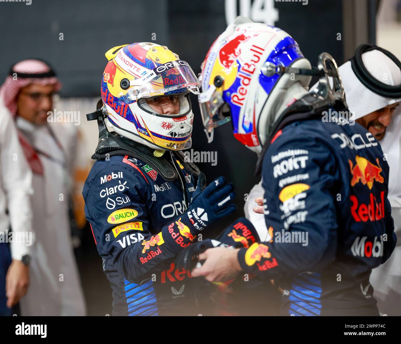 Jeddah, Saudi Arabia. 8th Mar, 2024. #11 Sergio Perez (MEX, Oracle Red Bull Racing), #1 Max ...