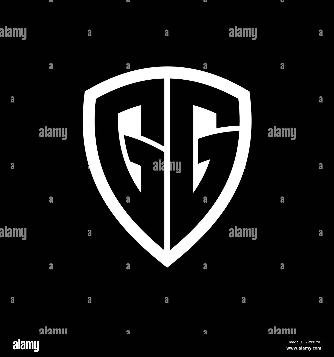 GG monogram logo with bold letters shield shape with black and white ...