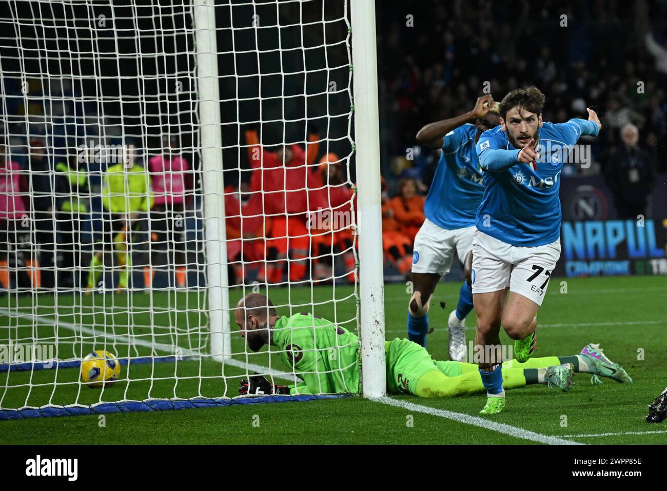 March 8, 2024, Napoli: Napoli's forward Khvicha Kvaratskhelia scores a goal during the Italian ...